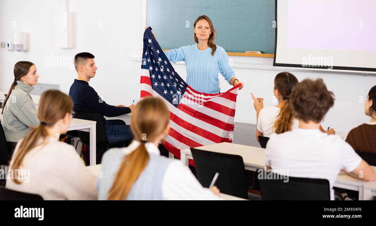 Geography lesson in school class - teacher talks about United States of ...