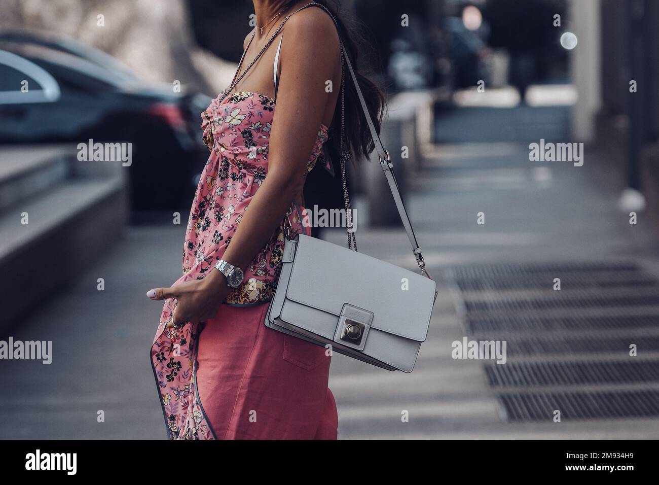Milan, Italy - February 25, 2022: Woman in stylish pink pants and ...