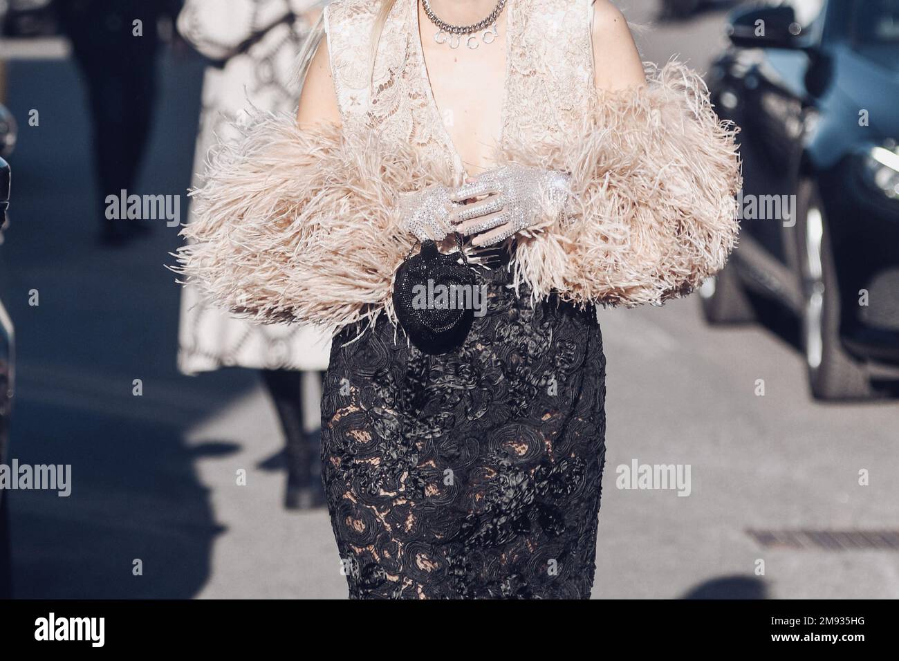 Milan, Italy - February 25, 2022: Female in stylish lace clothes with ...