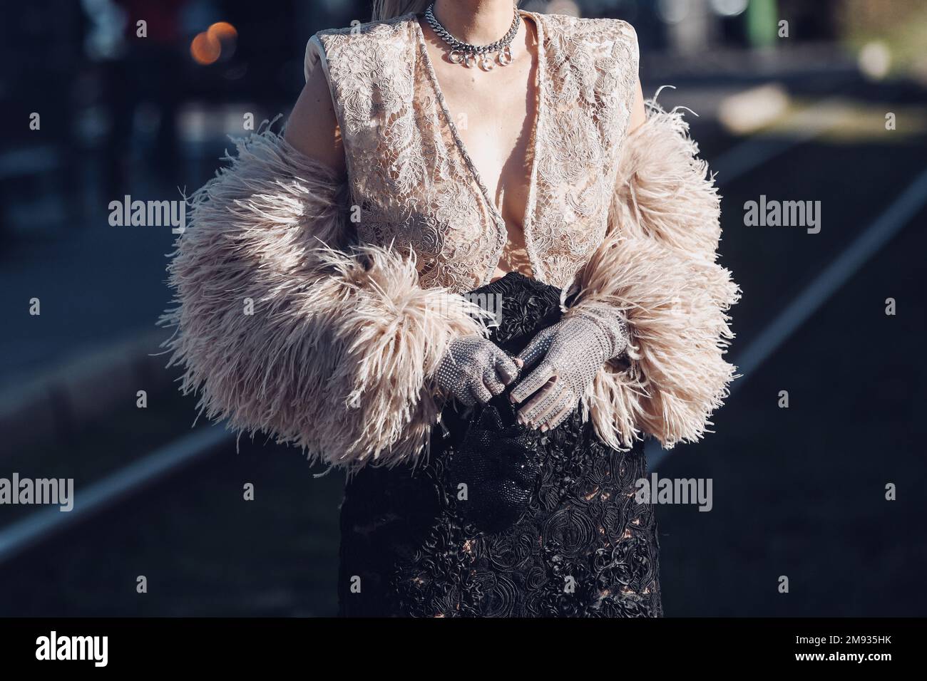 Milan, Italy - February 25, 2022: Female in stylish lace clothes with ...