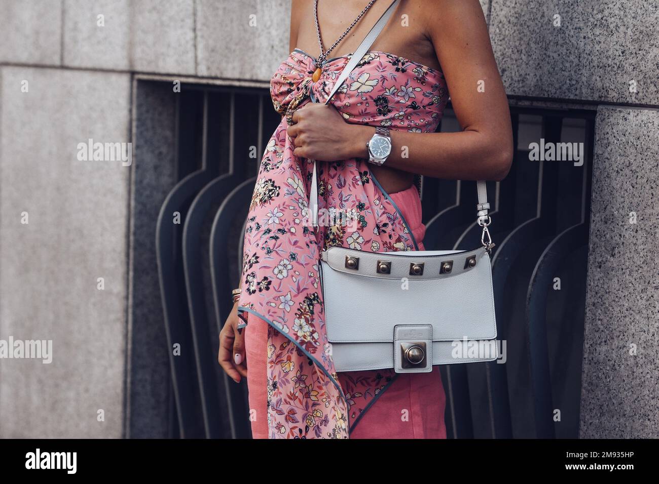 Milan, Italy - February 25, 2022: Female in stylish pink clothes with ...