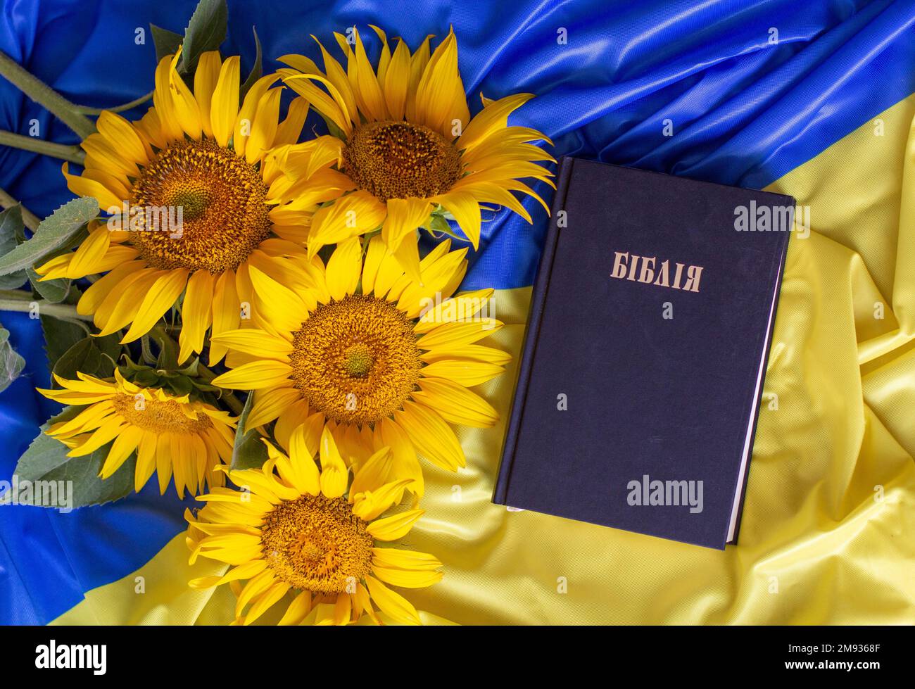 Bible (Holy Writ) and sunflowers on background of flag of Ukraine Stock ...