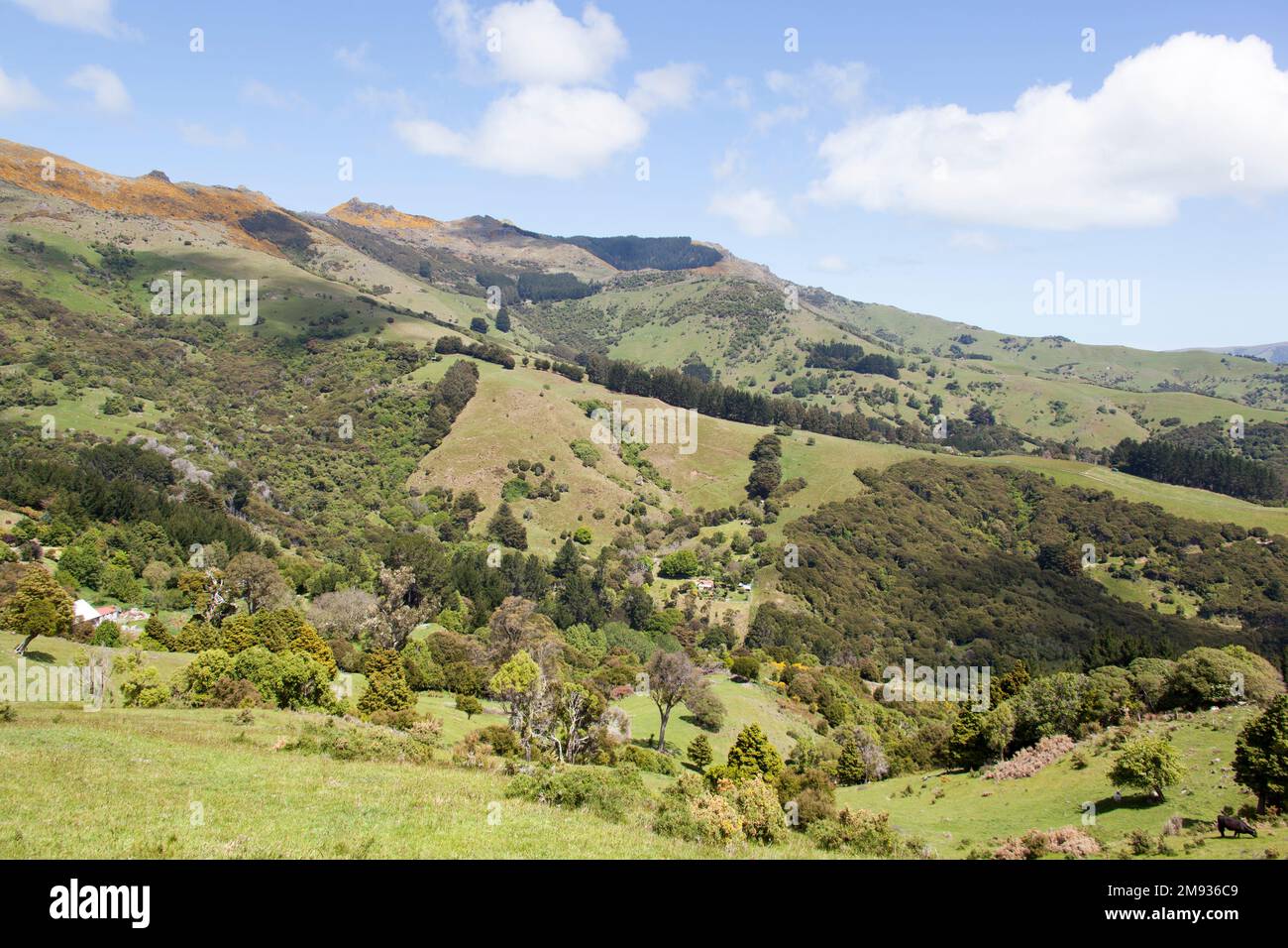 The springtime view of rural landscape surrounded by mountains in ...