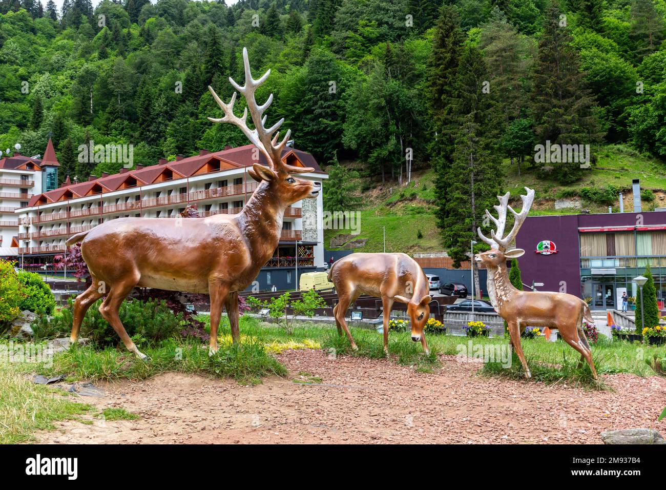Sairme, Georgia, 06.06.21. Artificial deers statues, decoration in ...