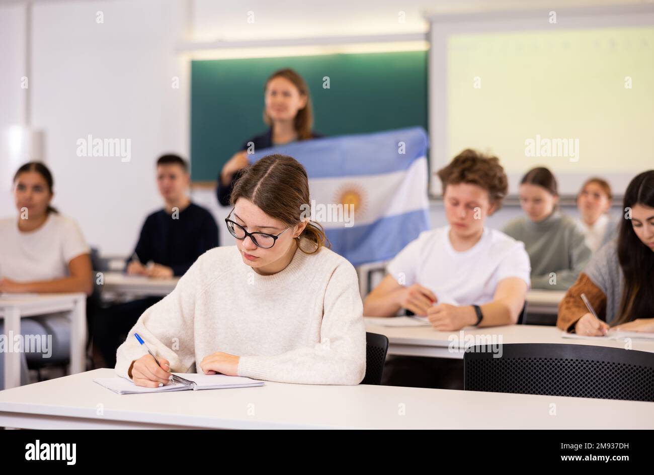 Young girl student diligently studies at school Stock Photo - Alamy