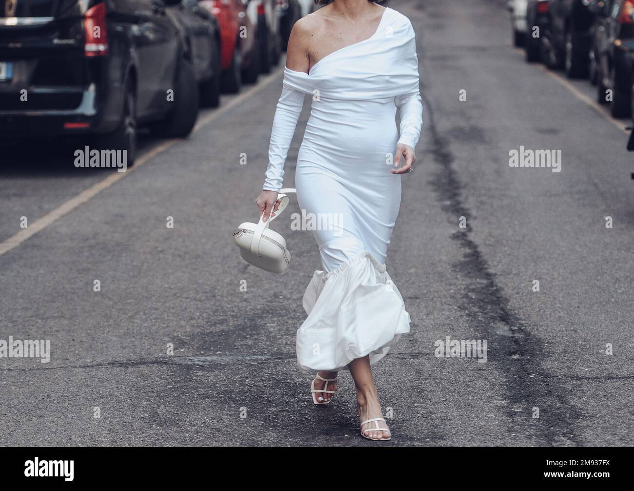 Milan, Italy - February 25, 2022: Unrecognizable female in trendy white ...