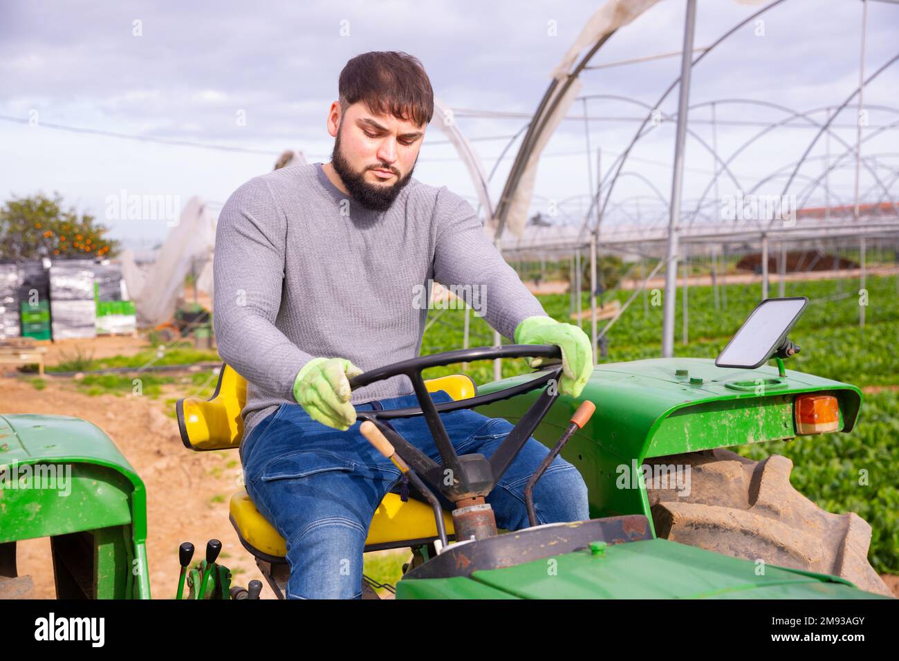 Guy driving farm tractor Stock Photo - Alamy
