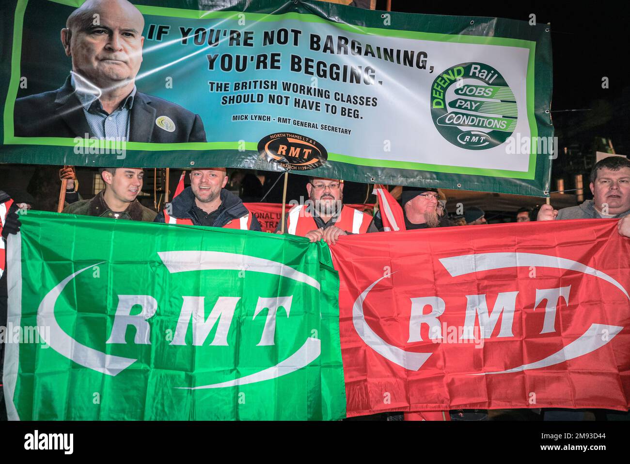 London, UK. 16th Jan, 2023. RMT members with banners and placards ...