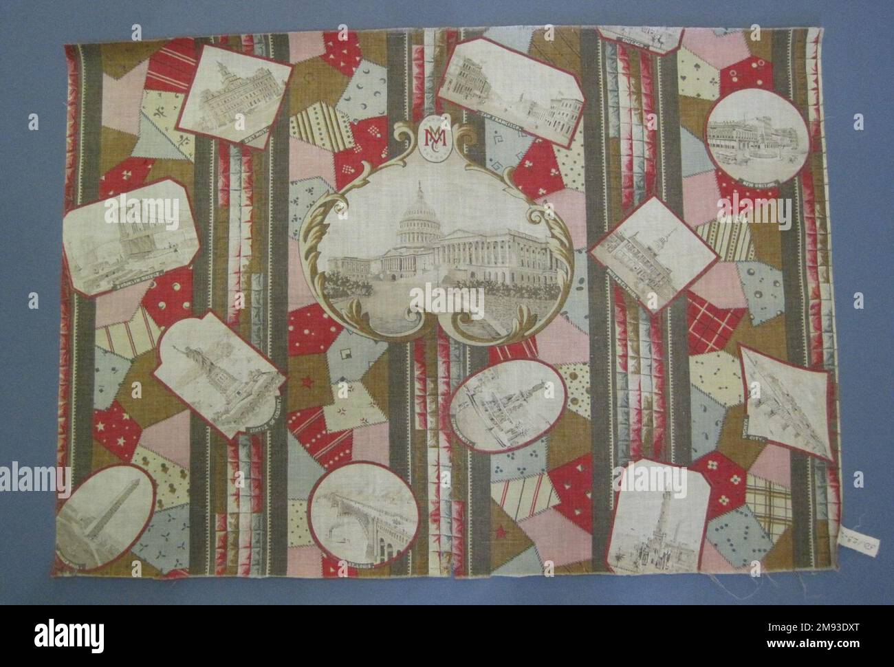 Textile Depicting Brooklyn Bridge, Statue of Liberty and Various Cities ...