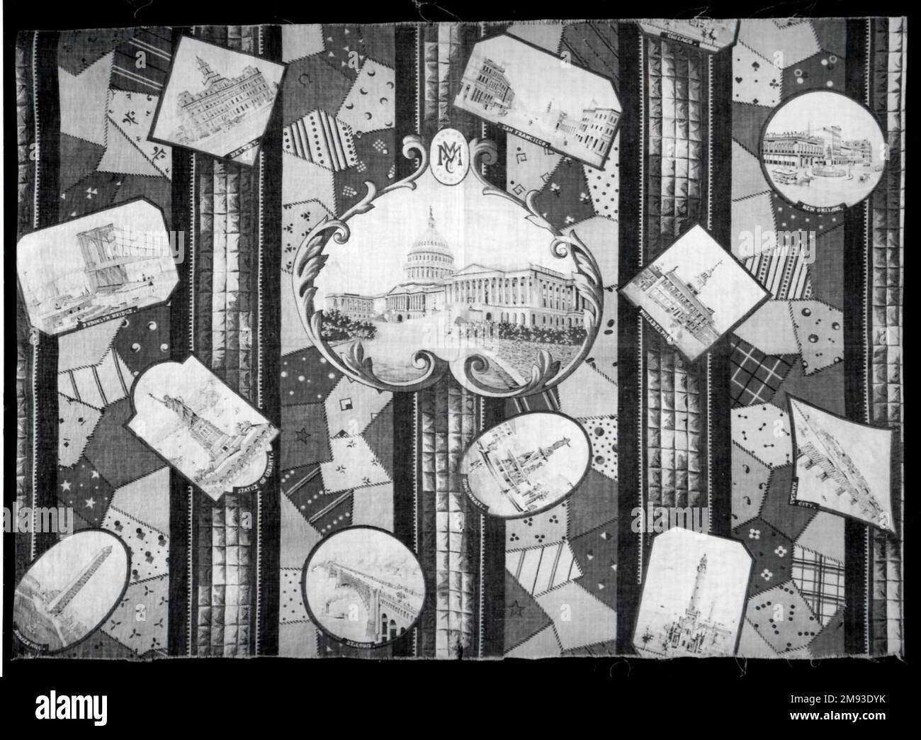 Textile Depicting Brooklyn Bridge, Statue of Liberty and Various Cities ...