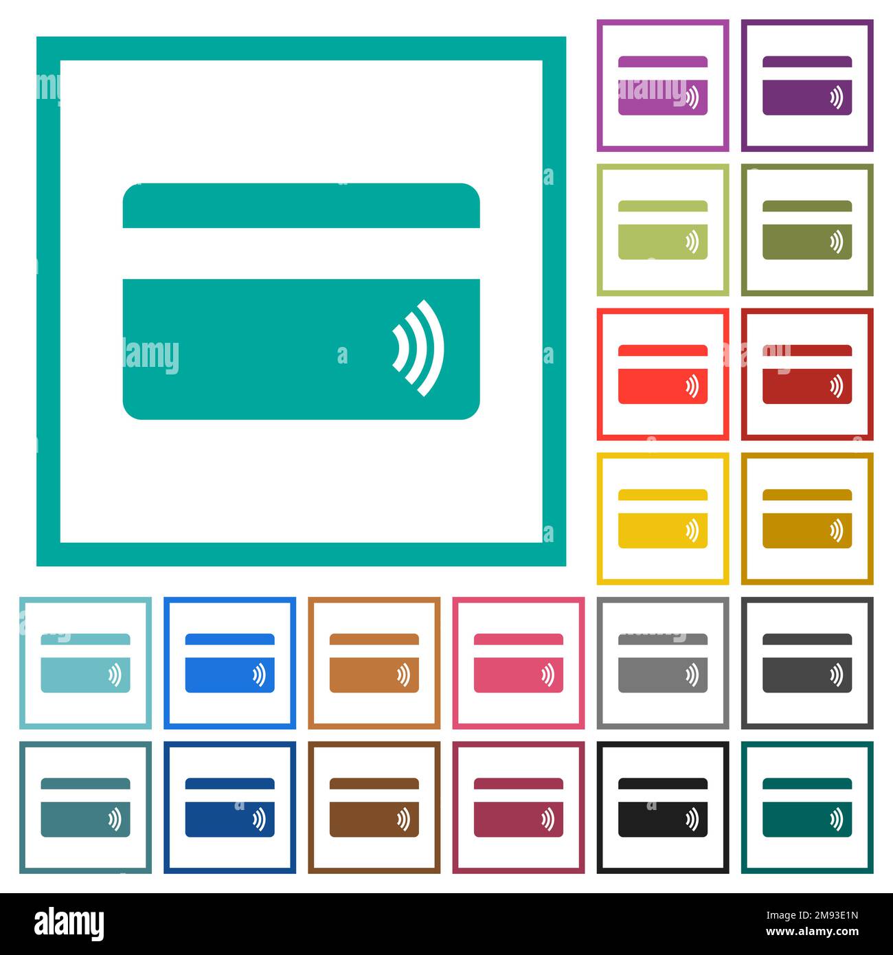 Contactless credit card solid flat color icons with quadrant frames on ...