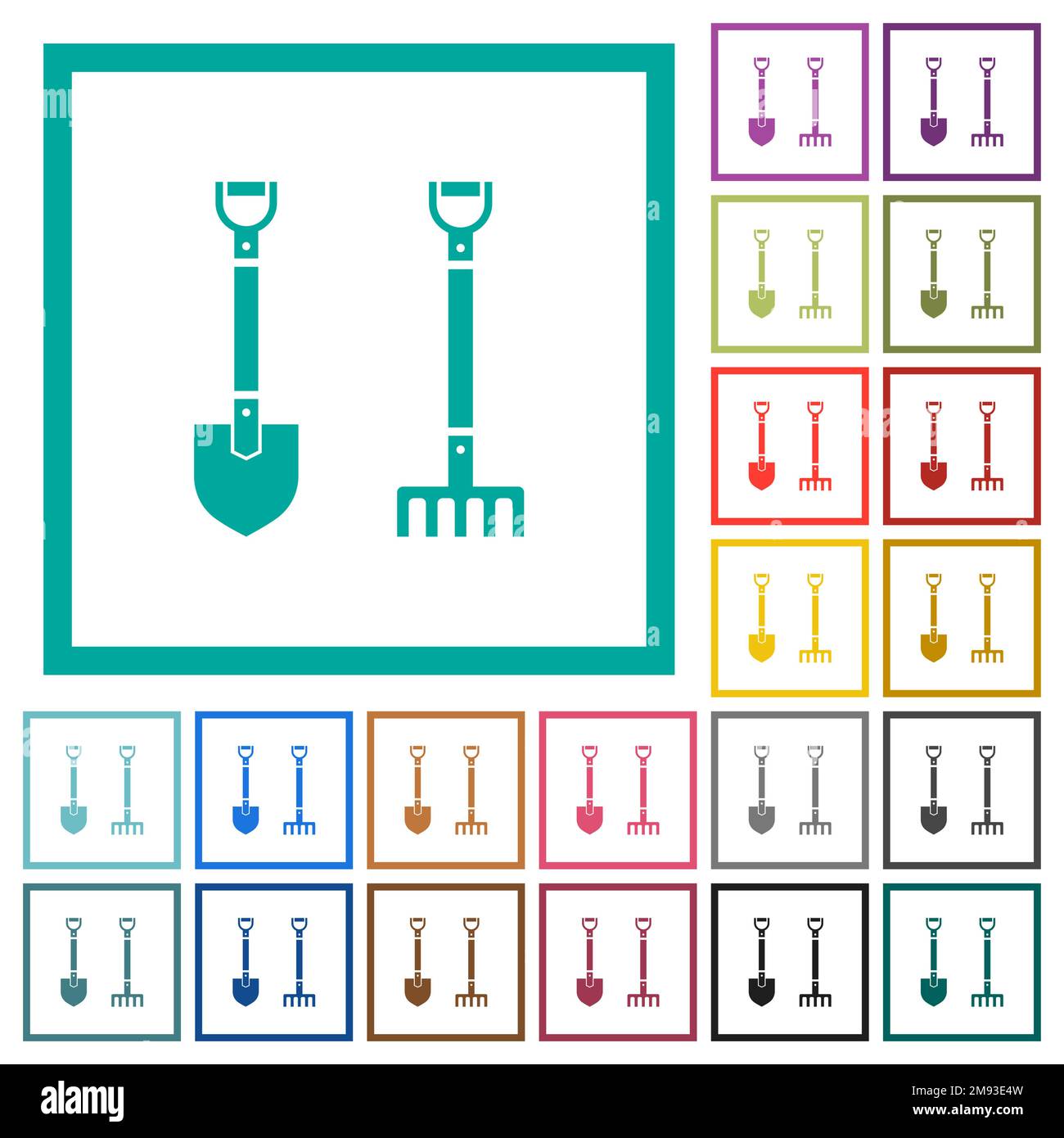 Shovel and rake flat color icons with quadrant frames on white background Stock Vector Image ...