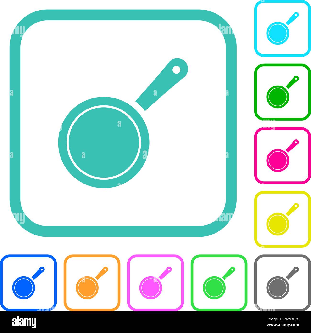 Frying pan top view vivid colored flat icons in curved borders on white ...