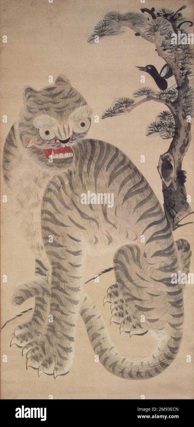 Tiger and Magpie , 19th century. Ink and color on paper, Sheet: 62 1/2 ...