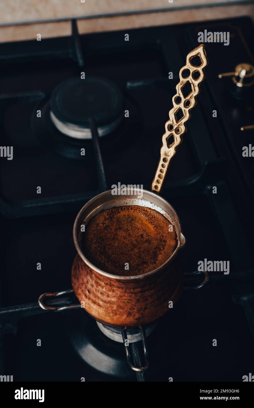 Preparation of Turkish Coffee in Traditional Copper Cezve Stock Photo ...