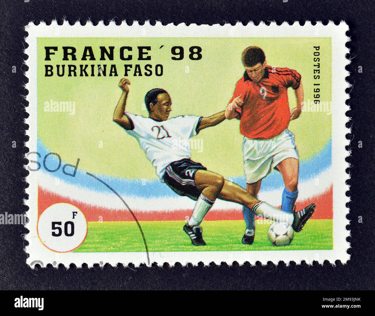 Cancelled postage stamp printed by Burkina Faso, that shows Football ...