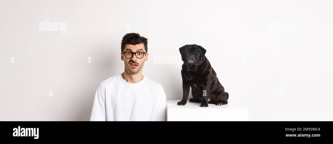 Image of hipster dog owner sitting near cute black pug, staring at ...