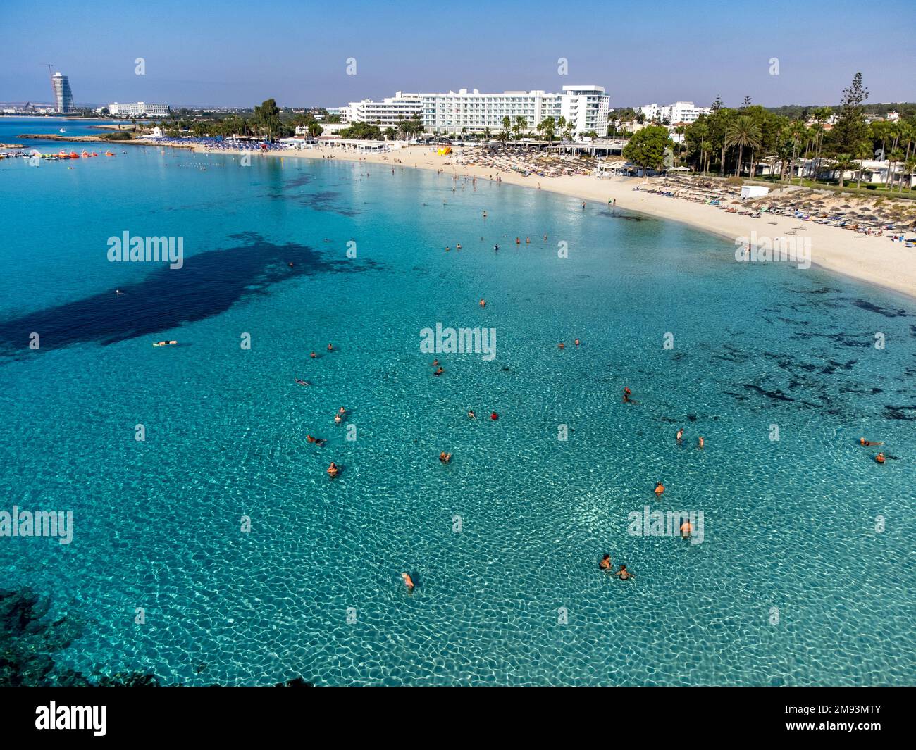 Aerial panoramic view on blue crystal clear water on Mediterranean sea ...