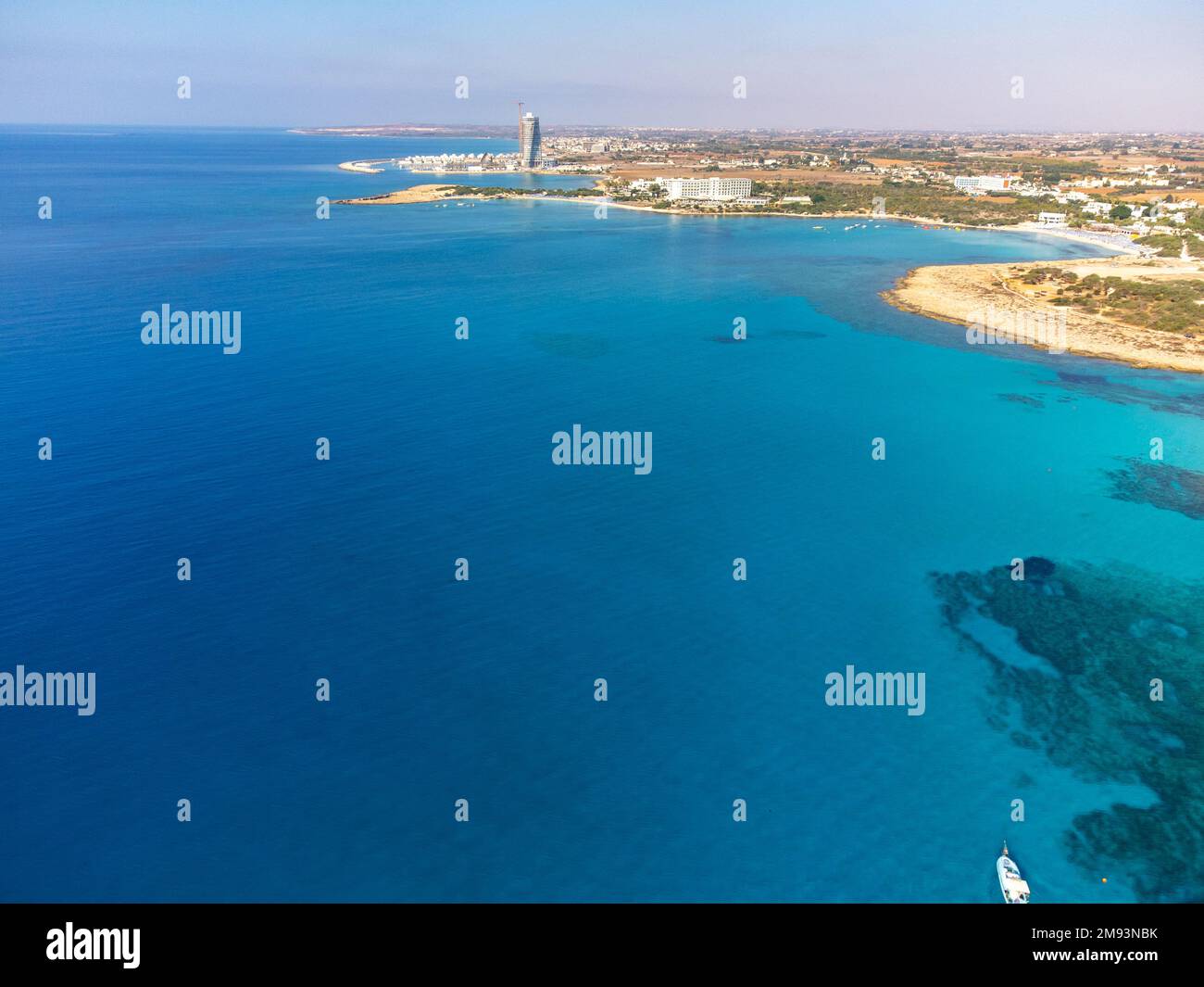 Aerial panoramic view on blue crystal clear water on Mediterranean sea ...