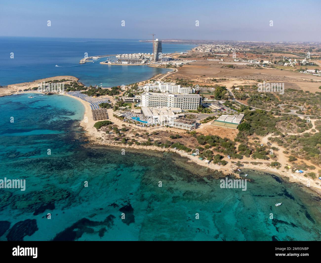 Aerial panoramic view on blue crystal clear water on Mediterranean sea ...