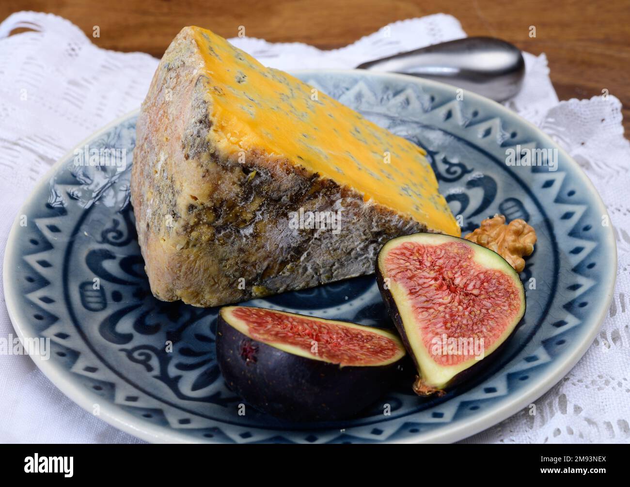 Cheese collection, English old shropshire blue cheese close up served ...