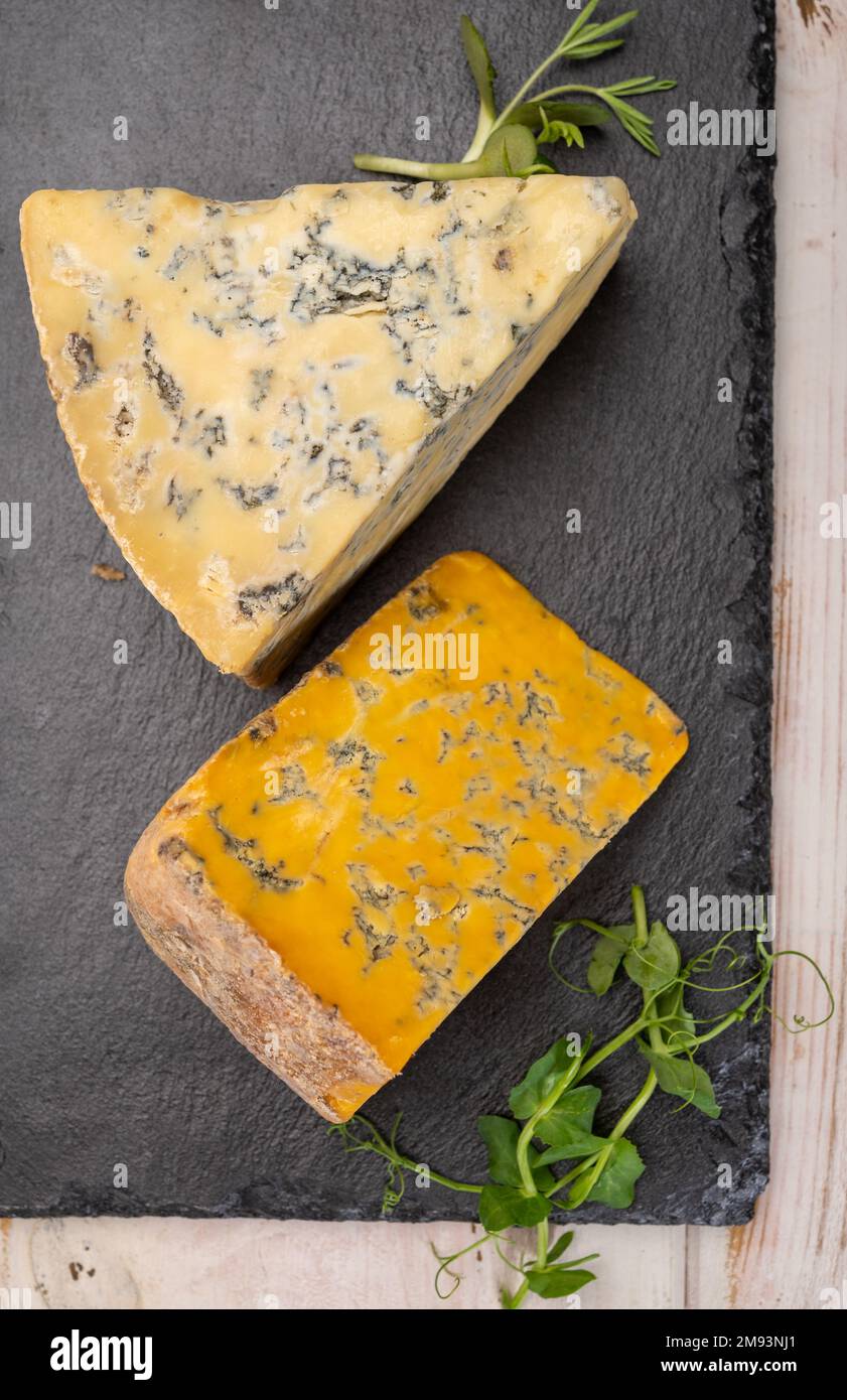 Cheese collection, English old shropshire blue and stilton blue cheeses ...