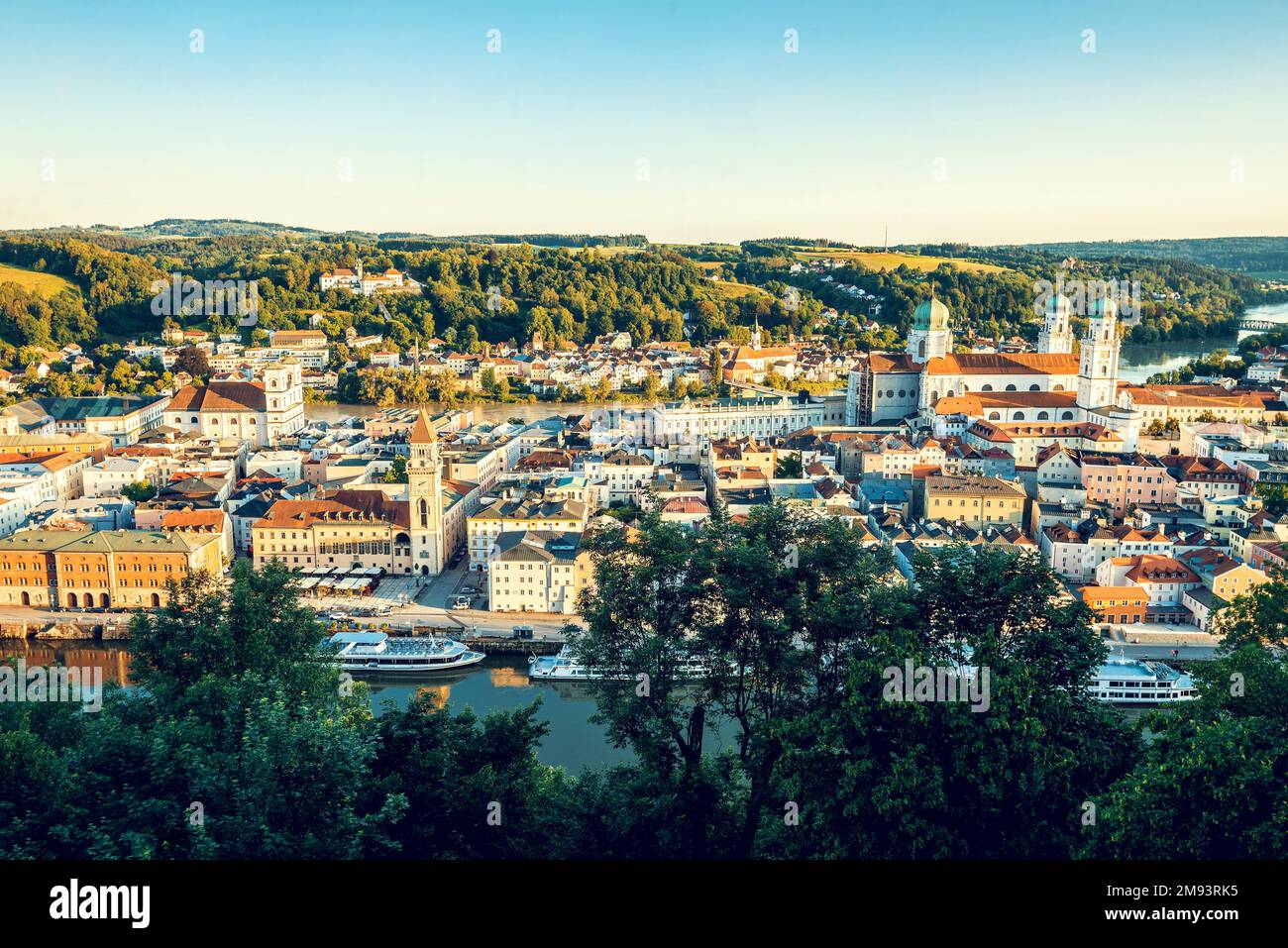 Panoramic view of city of Passau in Lower Bavaria in Germany. Toned ...