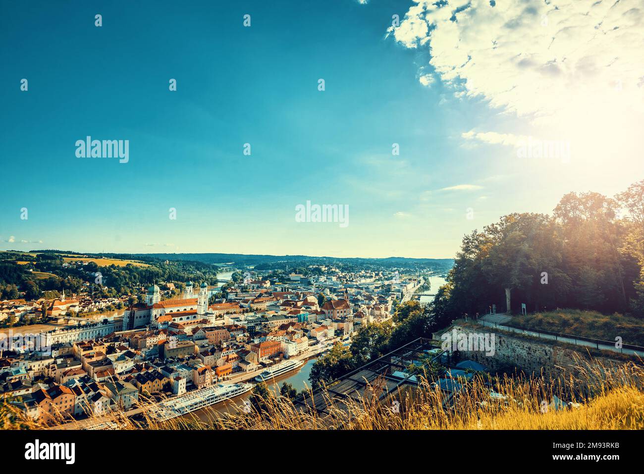 Panoramic view of city of Passau in Lower Bavaria in Germany. Toned ...