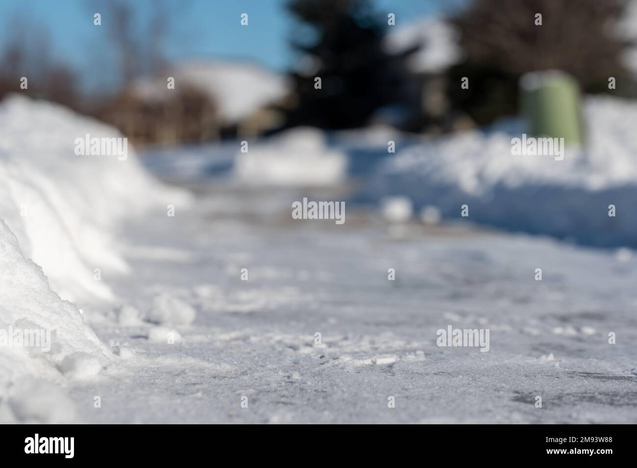 Selective focus ground level view of snow blown sidewalk section with ...