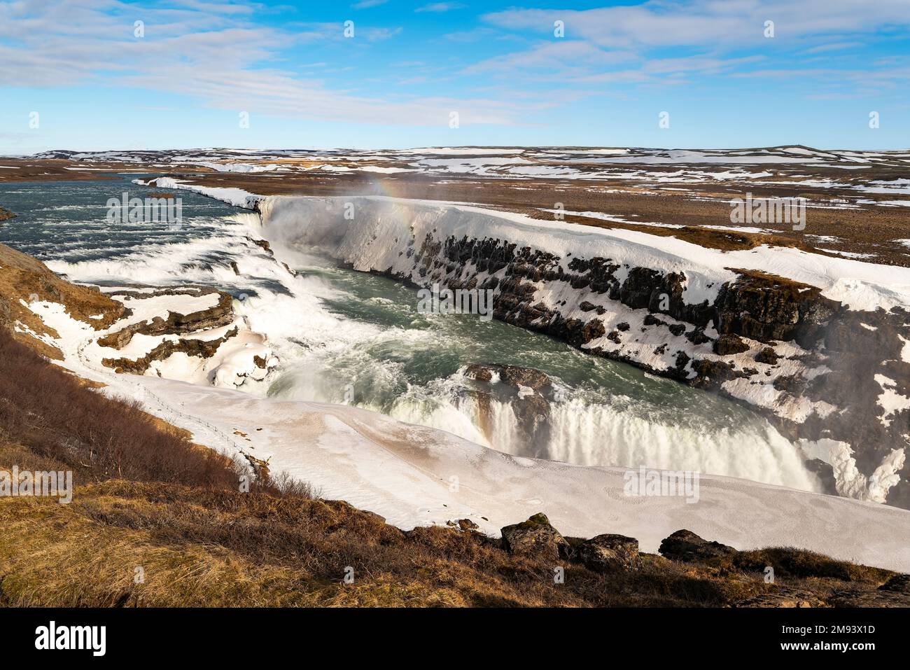 Scenic view of the mighty Gullfoss waterfall in winter, one of the most ...