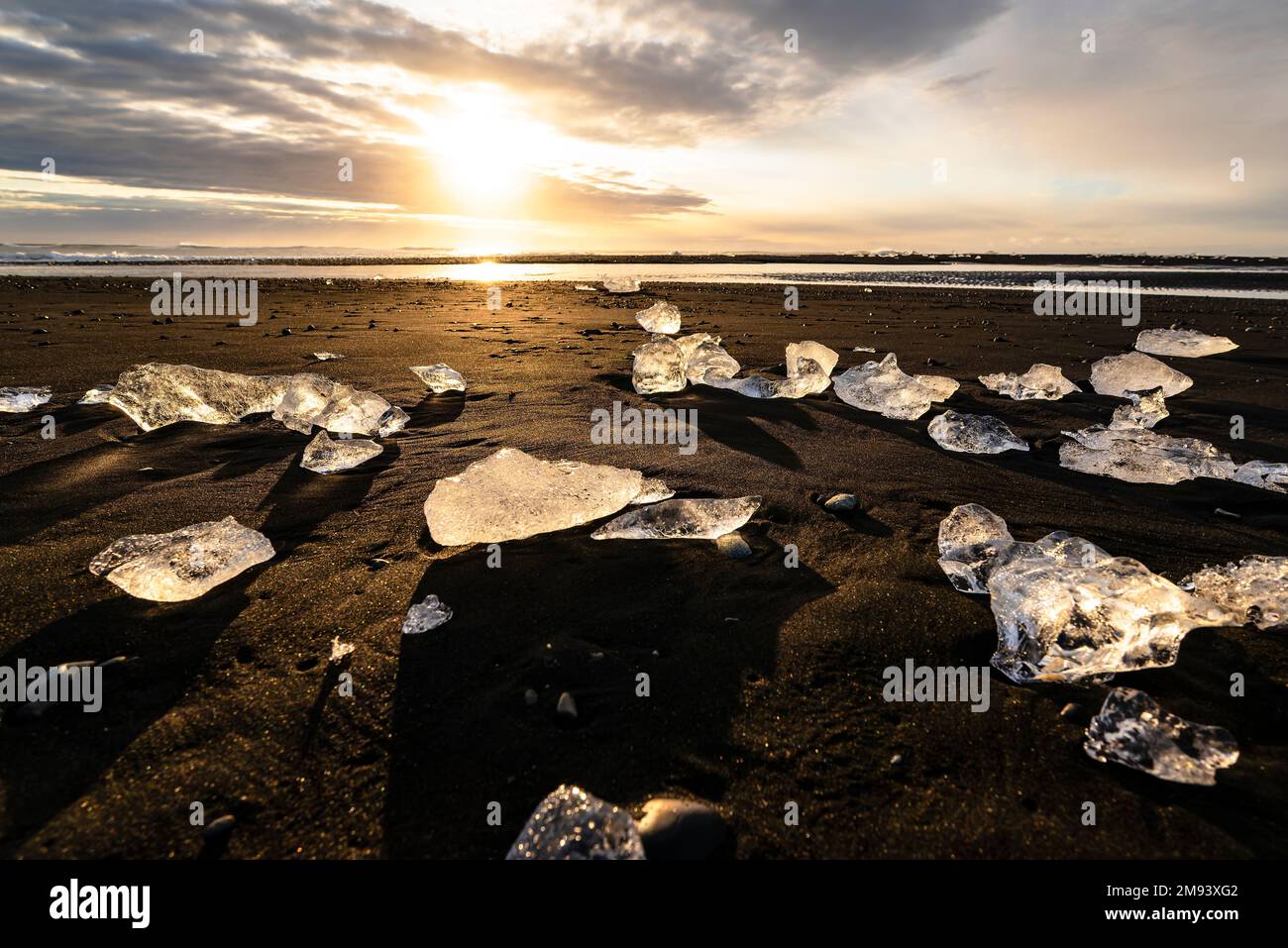 Picturesque landscape scenery showing backlit ice chunks washed up on ...