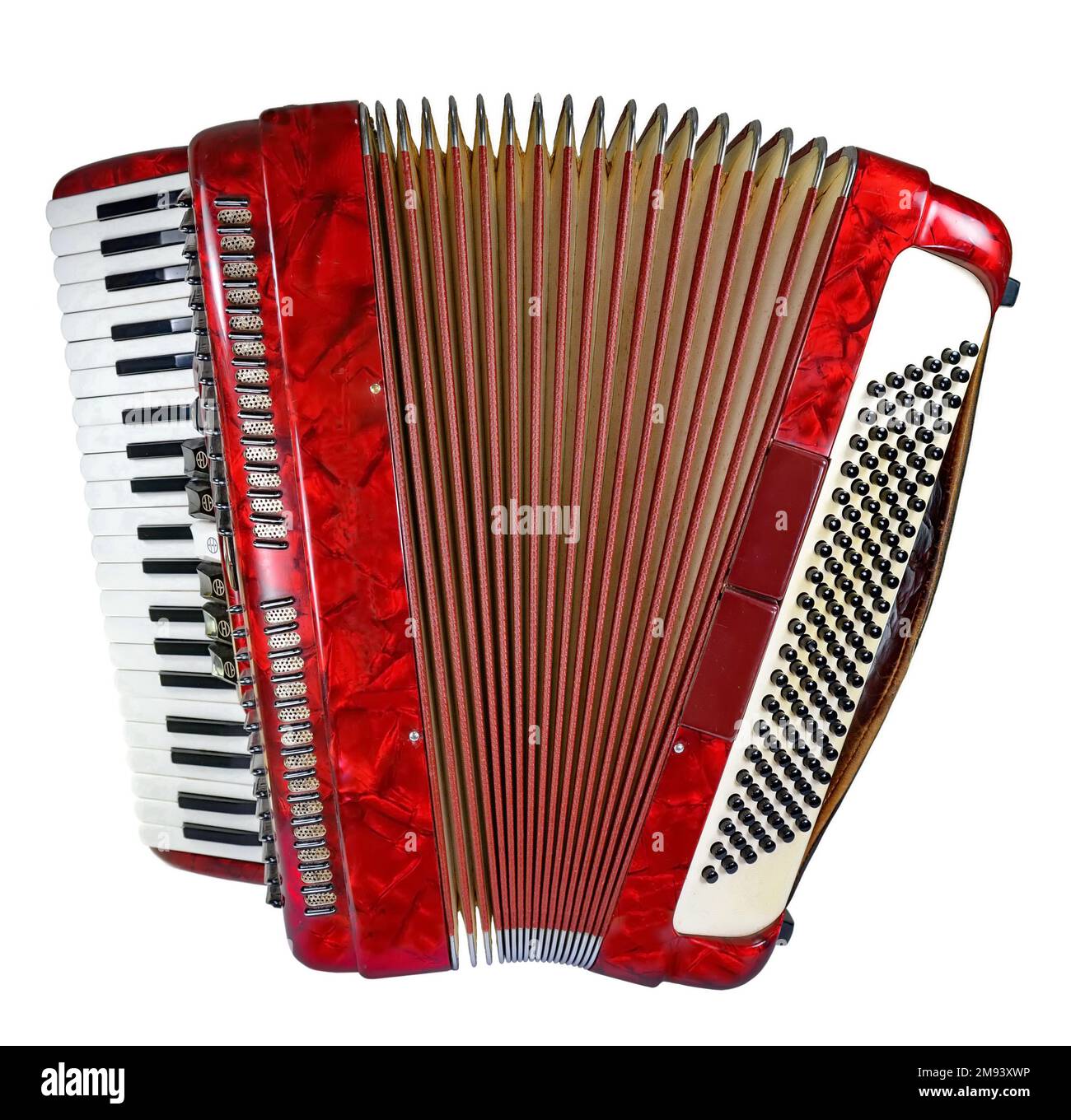 Old red accordion isolated on a white background Stock Photo - Alamy