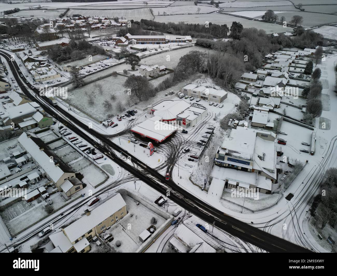 January 2023, aerial images of Ballykelly after an unexpected snow ...