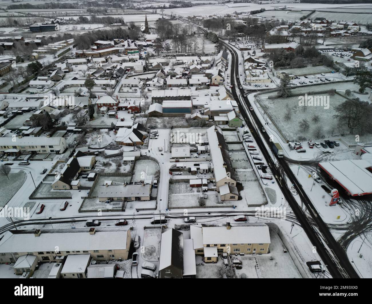 January 2023, aerial images of Ballykelly after an unexpected snow ...