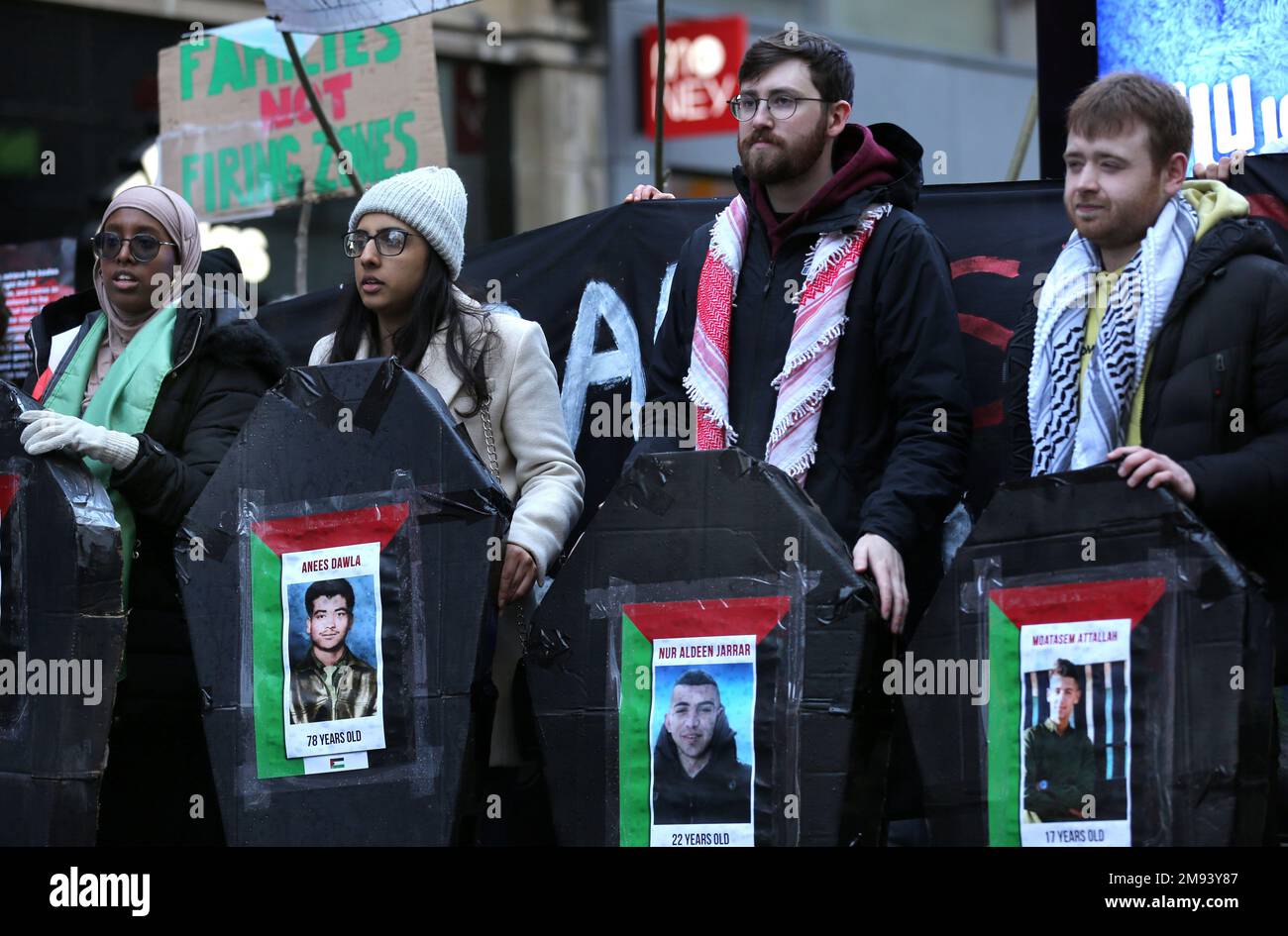 Manchester, UK. 15th Jan, 2023. Protesters hold cardboard models of ...