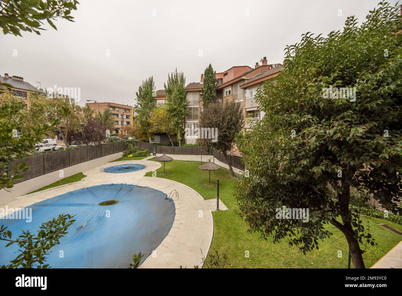 Area of an urbanization of communal summer pools with gardens and ...