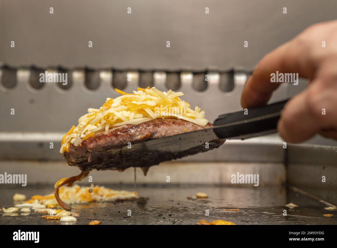 A chef removing a beef burger cooked on a restaurant griddle with lots ...