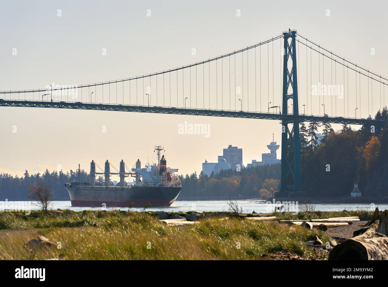 Cargo Freighter Under Lions Gate Bridge. A large cargo container ship ...