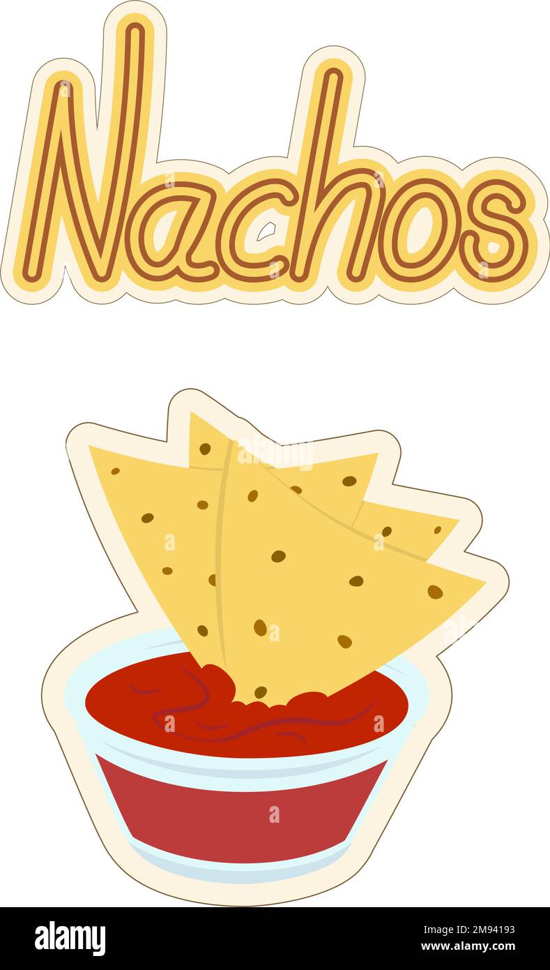 Handwritten lettering nachos and glass bowl and tomato sauce, chips ...