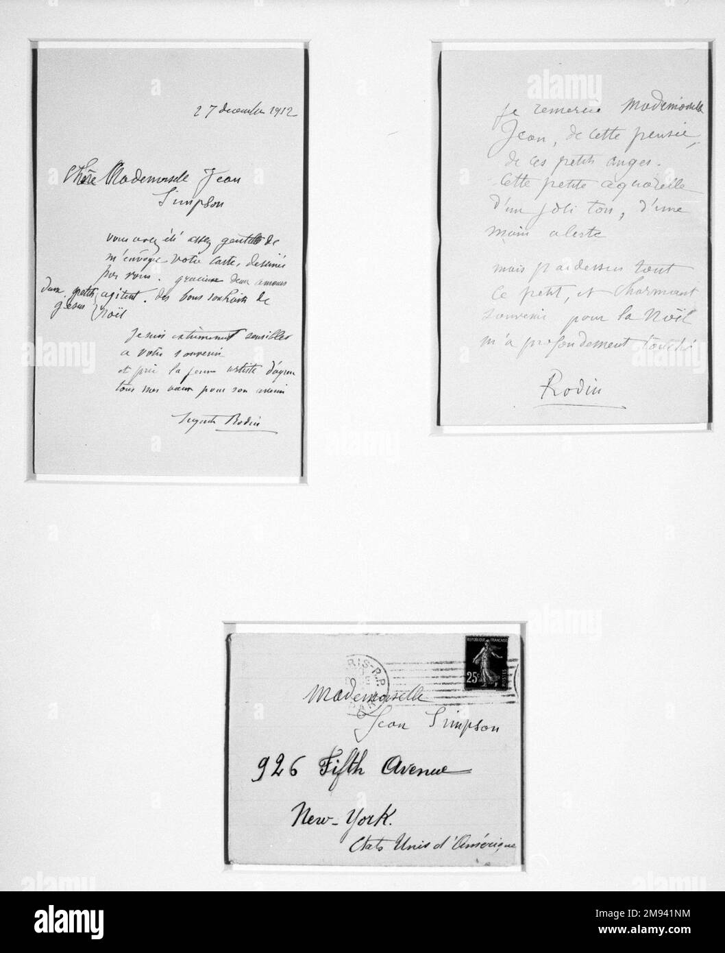 Letter in Rodin's hand. Thank You Note to Mademoiselle Jean Simpson for ...