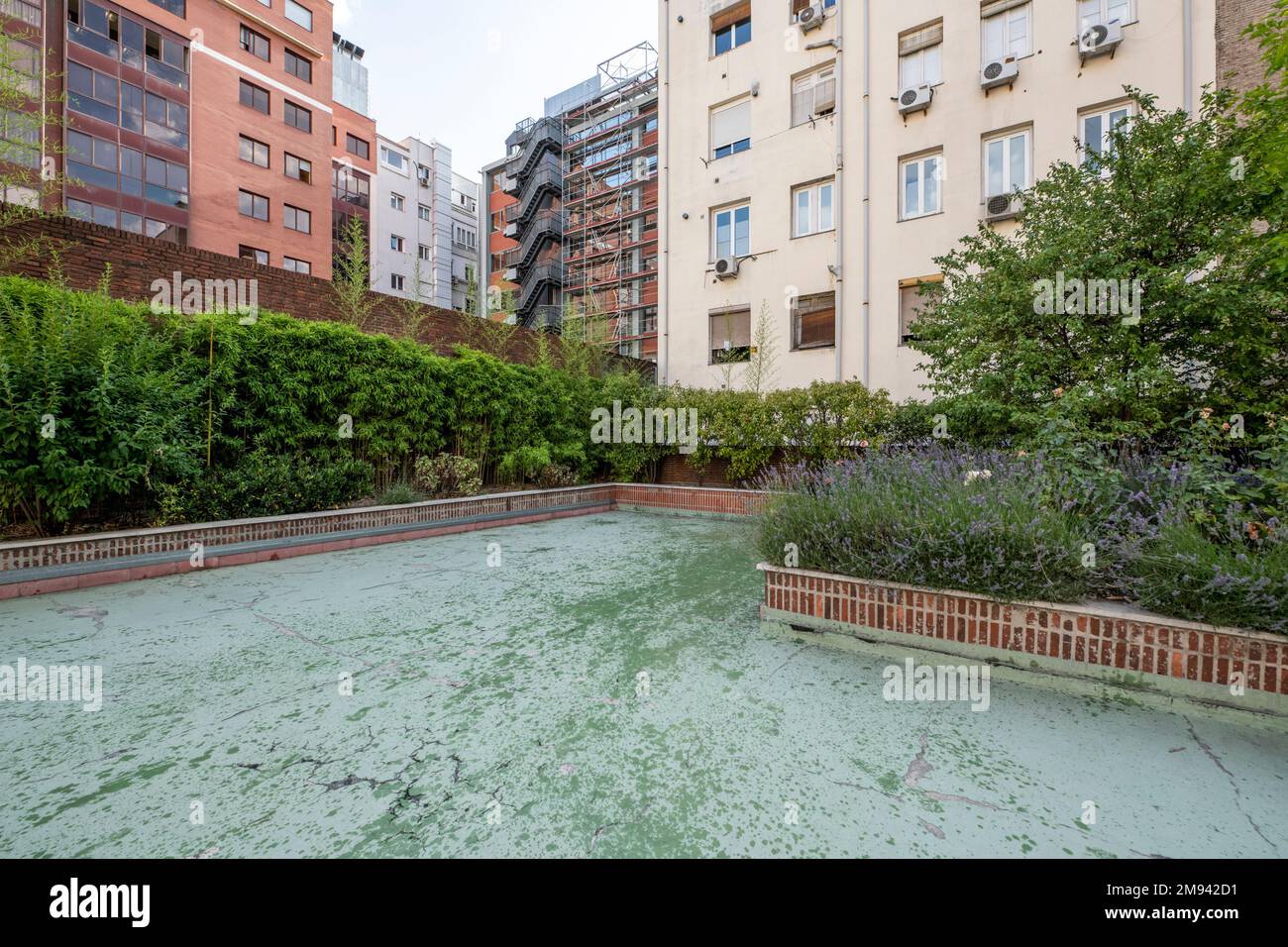 Common areas of an inner courtyard of a block with gardens and green ...