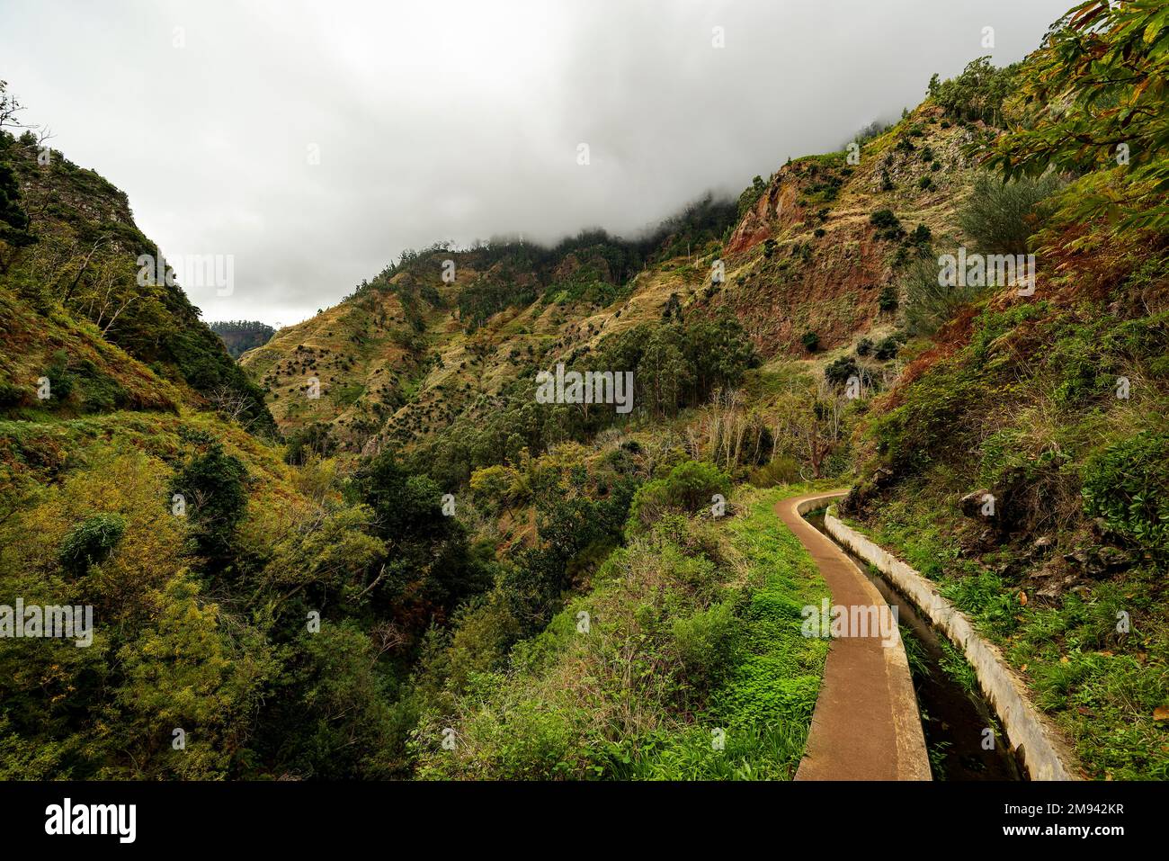 Cloudy sky over the hiking trail of Levada Nova, leading through the ...