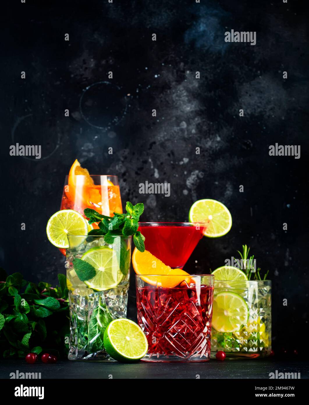 Most popular and trendy cocktails set: aperol spritz, negroni, mojito ...