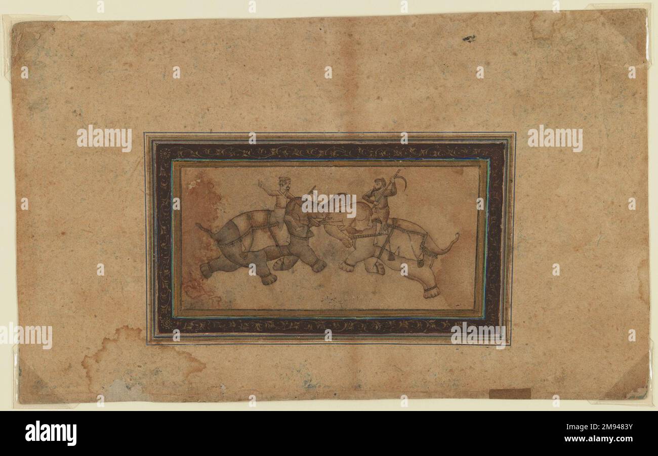Elephant Combat , 17th century (possibly). Light color wash and gold on ...