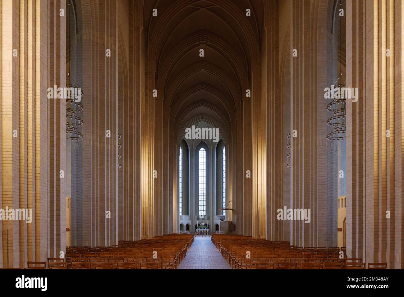Diminishing perspective view at the nave atrium of Grundtvig Church ...