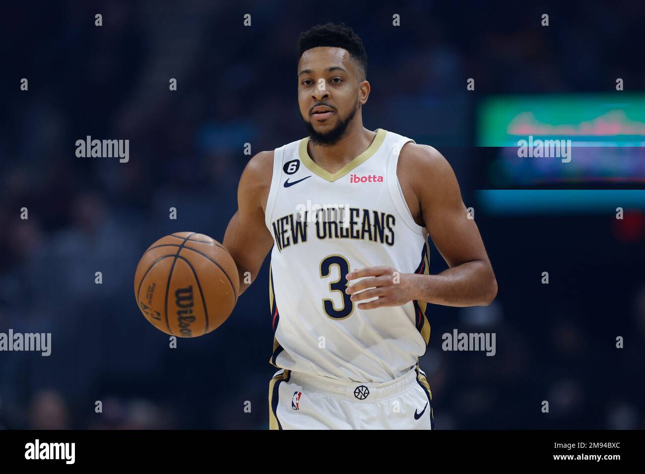 New Orleans Pelicans guard CJ McCollum plays against the Cleveland ...