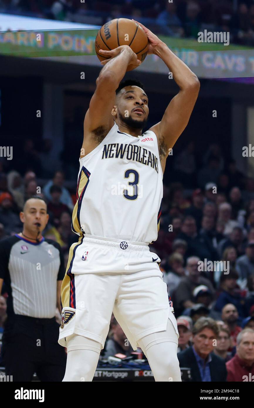 New Orleans Pelicans guard CJ McCollum plays against the Cleveland ...