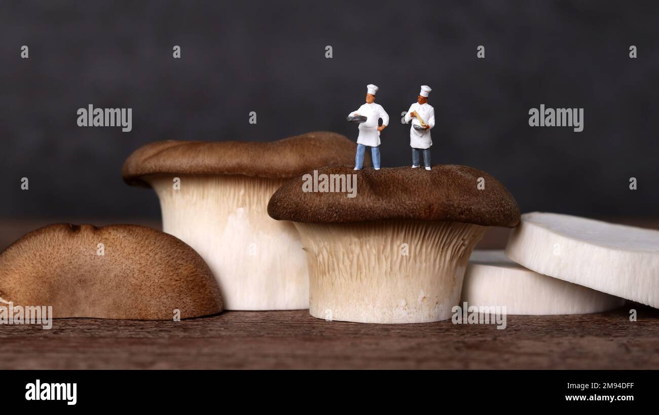 King oyster mushrooms and two miniature chefs. The concept of cooking ...