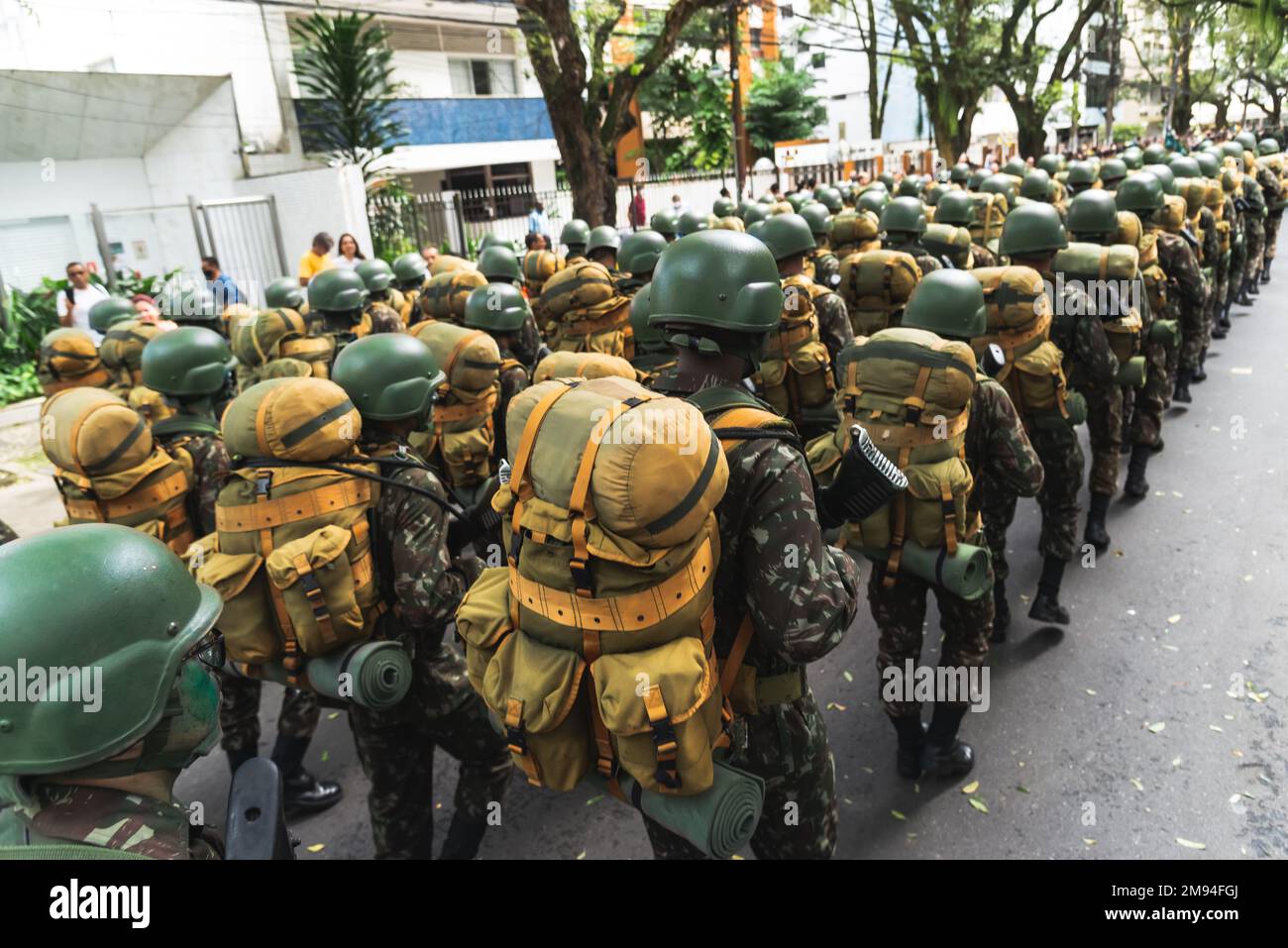 A group of soldiers marching on the street on Brazi's independence day ...