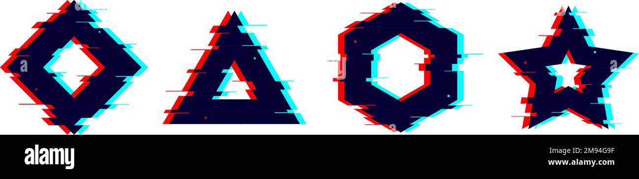 Glitch distorted geometric shapes set. Square, triangle, star, hexagon with TV or vhs noise ...